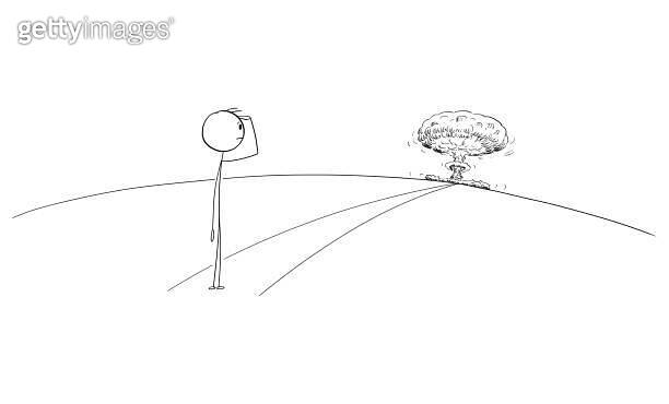 Person Looking on Nuclear Explosion in Far, Vector Cartoon Stick Figure ...