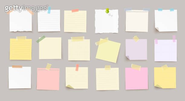 Large set of vector realistic note papers with pin and adhesive tape ...
