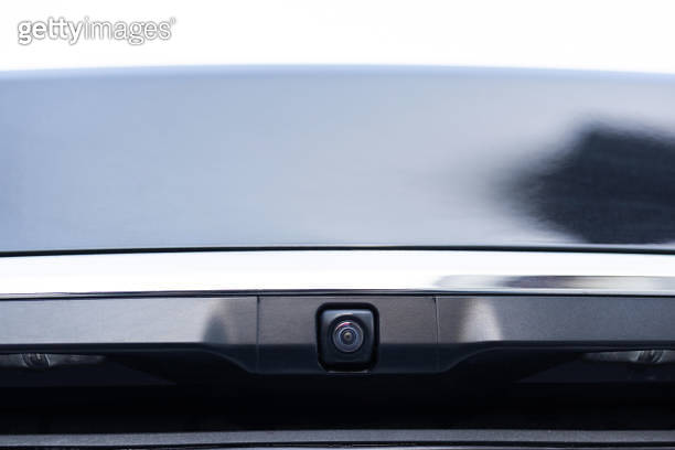 Rear view camera on trunk car safety, car exterior. Luxury car rear ...