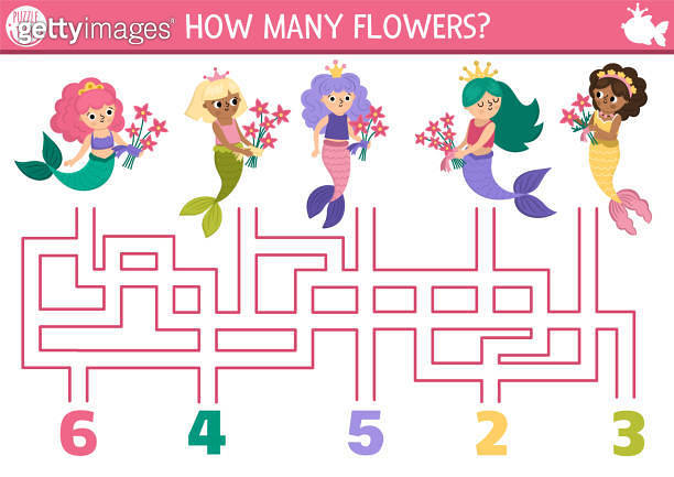 Mermaid counting maze for kids with seaweed flower bouquets. Marine ...