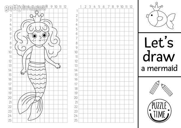 Draw the mermaid. Vector ocean kingdom drawing practice worksheet with ...