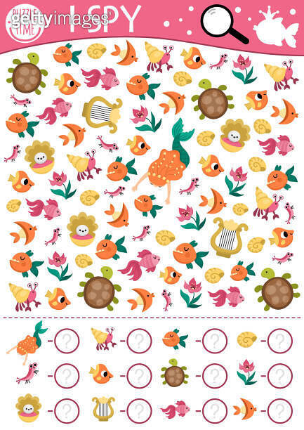 Mermaid I spy game for kids. Searching, counting activity with harp ...