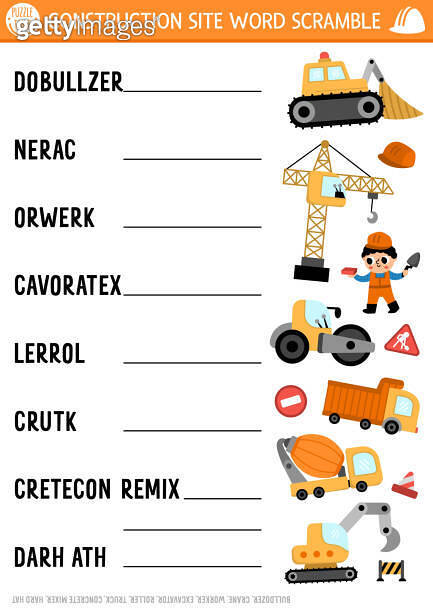 Vector construction site word scramble activity page. English language ...