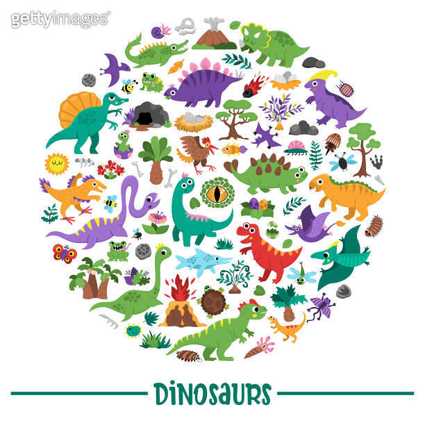 Vector dinosaur round frame with Pterodactyl, Stegosaurus ...