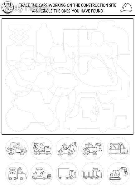 Construction site black and white tracing, shape recognition activity ...