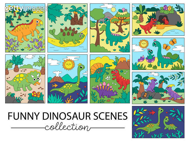 Vector dinosaur vertical and horizontal scenes collection Cartoon dino ...