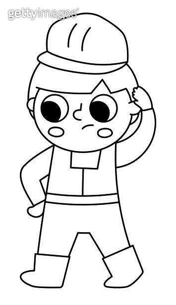 Vector black and white cartoon confused builder scratching his head ...