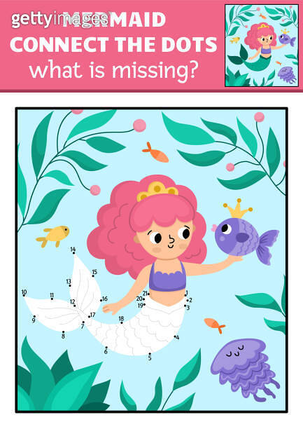 Vector mermaid dot-to-dot and color activity with sea princess, colored ...