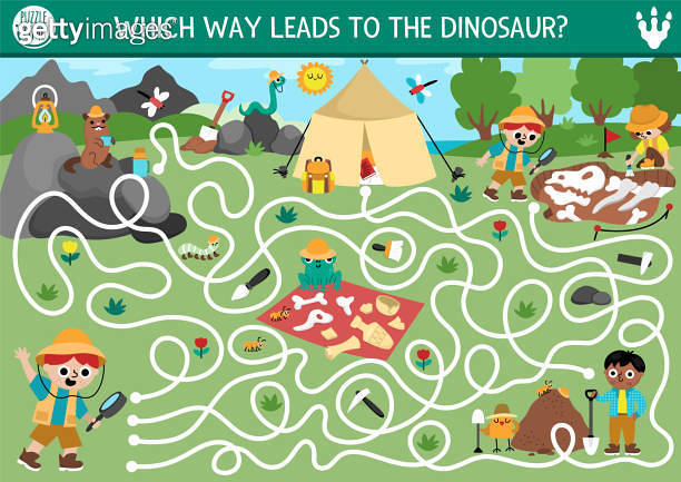 Dinosaur maze for kids with cute paleontologists. Prehistoric preschool ...