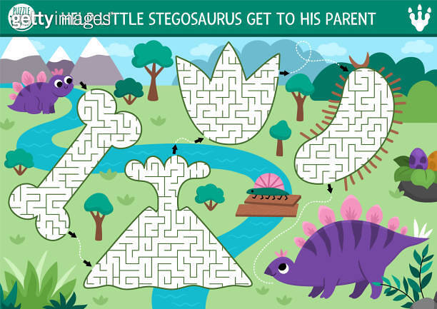 Dinosaur maze for kids with geometrical bone, footprint, volcano ...
