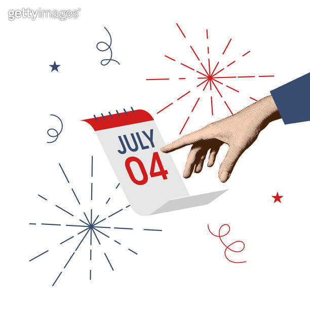 4th July calendar sheet with halftone collage hand. Festive art object ...