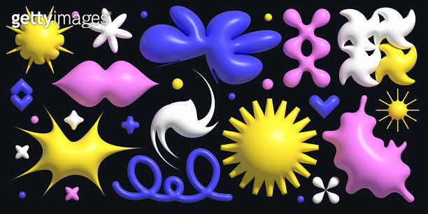 Groovy retro abstract 3d geometric shapes set. Brutalist 70s 80s pop ...