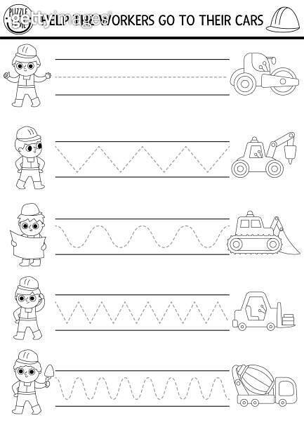 Vector construction site handwriting practice worksheet. Repair works ...