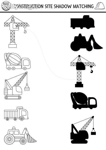 Construction site black and white shadow matching activity with special ...