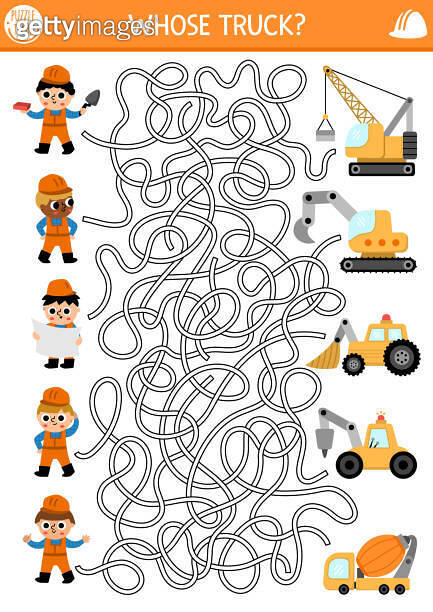 Construction site maze for kids with workers and their trucks. Building ...
