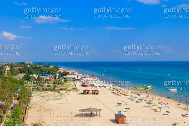 View on the beach of the Black sea in Lazurne, Ukraine. View from above ...