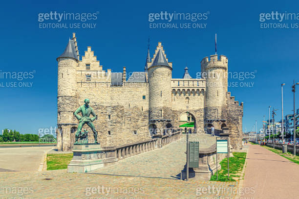 Het Steen medieval fortress, stone castle with towers and Lange Wapper ...