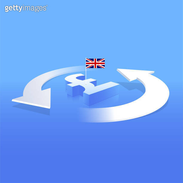 Two moving arrows around the United Kingdom Pound sign and the UK flag ...