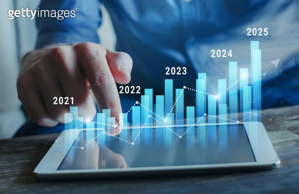 Yearly finance and growth report, column chart with company progress by ...
