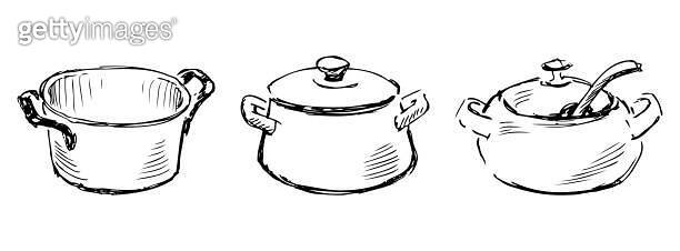 Sketches of set various saucepans for cooking, vector hand drawings ...