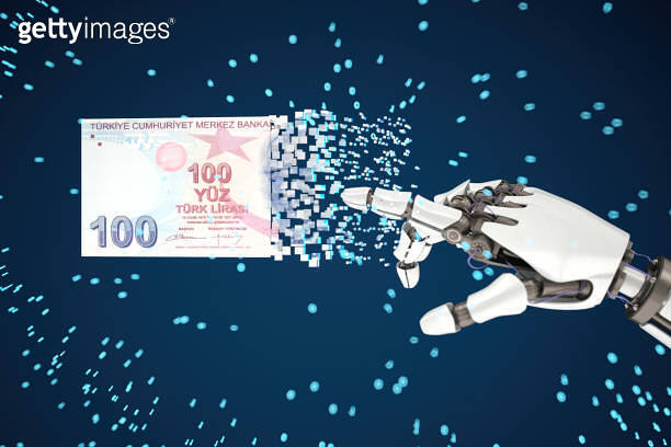 AI Artificial Intelligence Robot Holding Turkish Lira. Digital Money ...