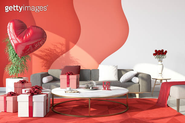 Valentine's Day Concept Red Room with Heart Shaped Balloons and Gift ...