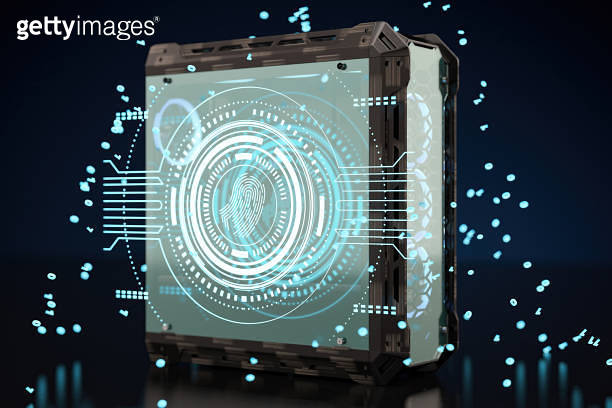 Computer Case with Glowing Finger Print Cyber Security HUD 이미지 ...