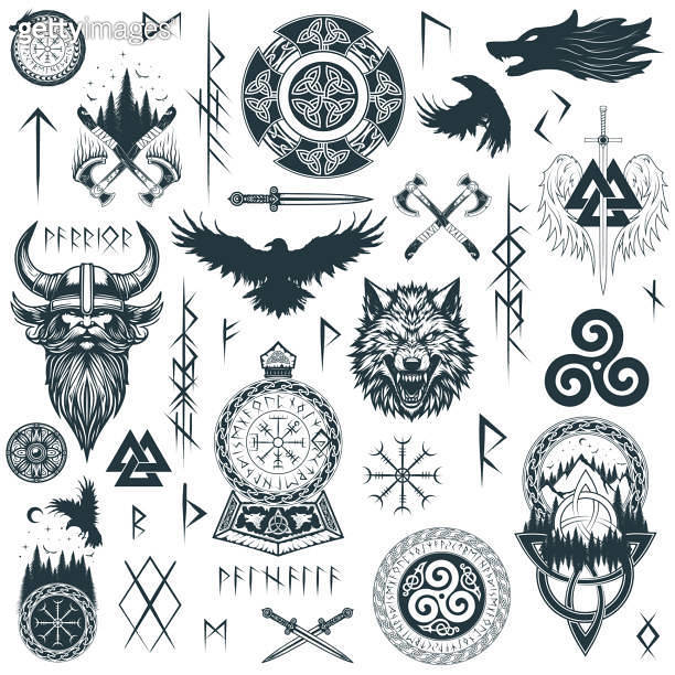 Viking runes and symbols collection. Big hand drawn isolated set of ...