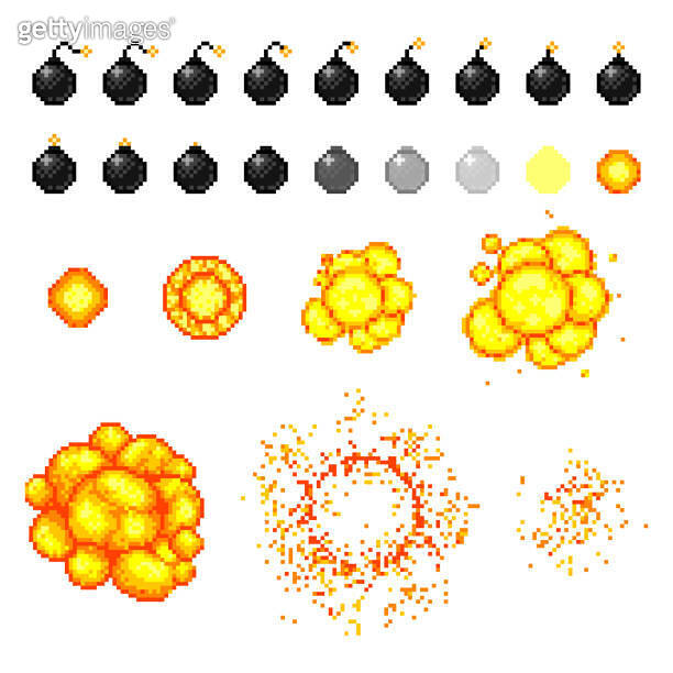 Pixel art set of bomb exploding frames. Vector 8-bit game design asset ...