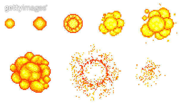 Pixel art explosion game icons set. Comic boom flame effects. 8-bit ...