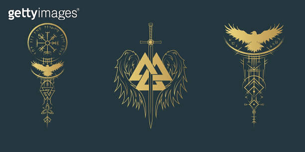 Golden Viking symbols: vegvisir, valknut, raven, sword and runes on ...