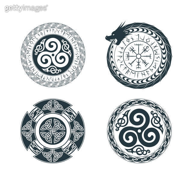 Viking round shields with celtic ornaments, runes and symbols isolated ...
