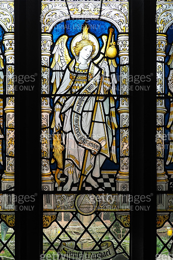 Stained glass window of Saint Raphael the archangel in the cloisters of ...