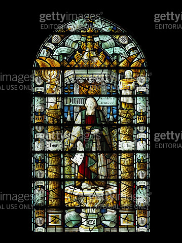 Stained glass window showing the Bible story of Hiram the architect and ...