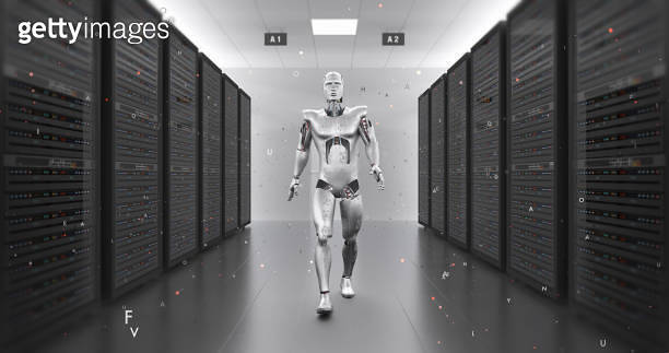 High Tech Super Robot Walking In A Data Center. Letters Flying Around ...