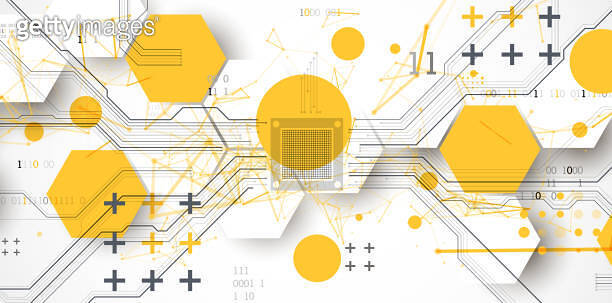 Abstract circuit board background with hexagons. Hi-tech digital technology concept. Hand drawn ...