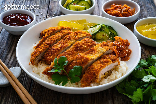 Torikatsu - crispy Japanese chicken cutlet with white rice and cucumber ...