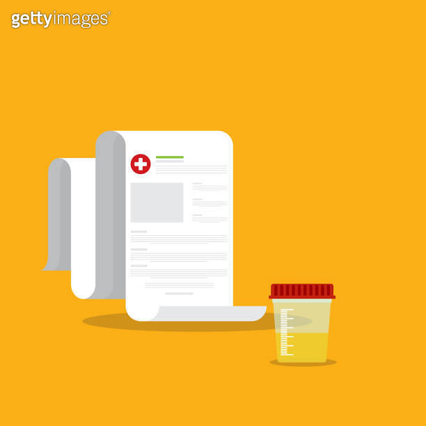 Urine analysis. Urine test icon. Pee sample in a plastic box and ...