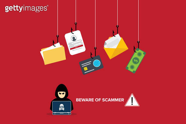 Beware of scammer. Hacker with laptop computer stealing confidential ...