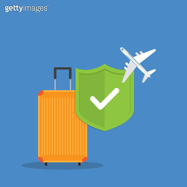 Travel insurance. Traveling luggage suitcase and airplane trip protect ...