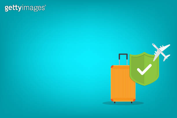 Travel insurance. Traveling luggage suitcase and airplane trip protect ...