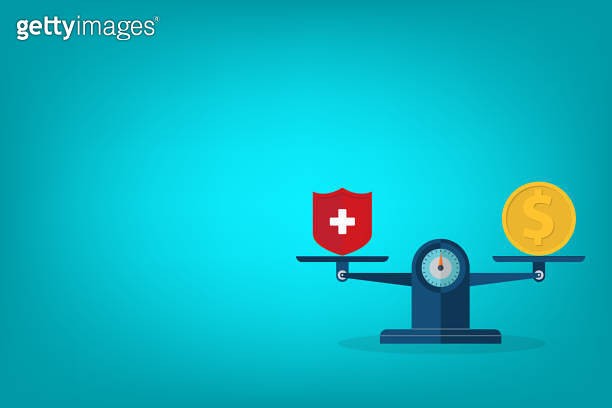 Medical cross and dollar coin on scales. Expensive health insurance ...