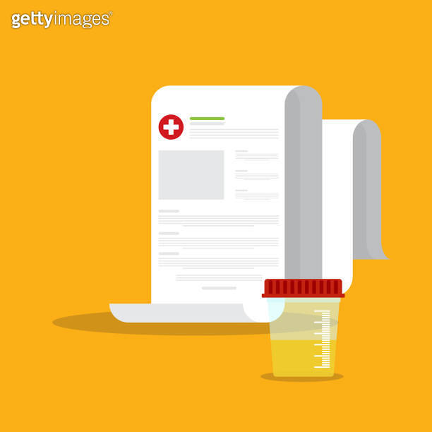 Urine analysis. Urine test icon. Pee sample in a plastic box and ...
