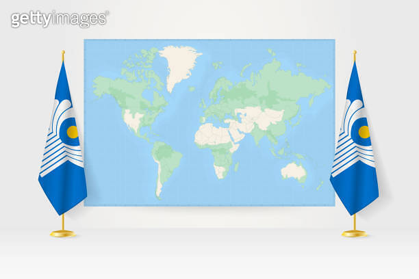 World Map between two hanging flags of CIS flag stand. 이미지 (1980272575 ...