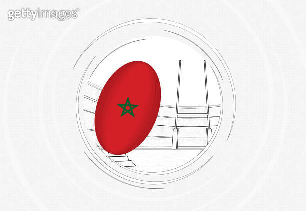 Morocco flag on rugby ball, lined circle rugby icon with ball in a ...