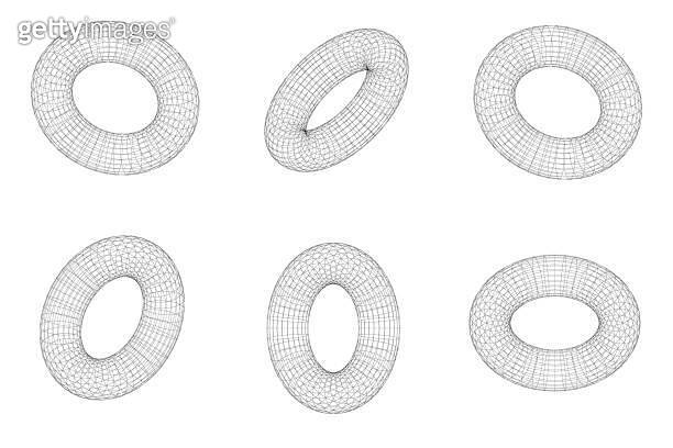3d set of wireframe torus. 3d geometric forms with different angles ...