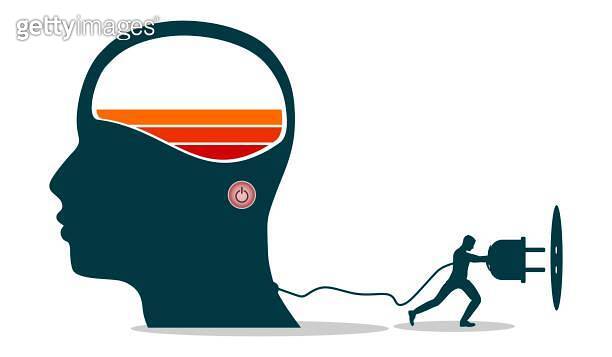 Human head and man putting power plug into socket. Concept of ...