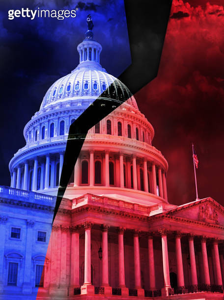 United States Congress split into red and blue with dark storm clouds ...