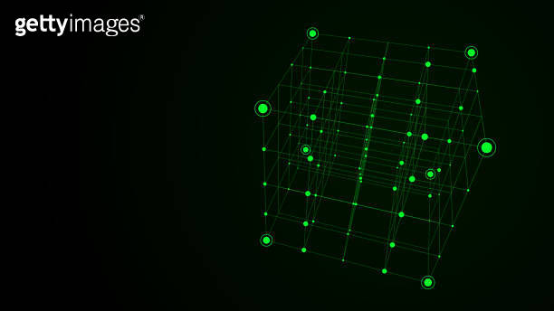 Abstract sci-fi cube with particle and line. Vector technology network ...