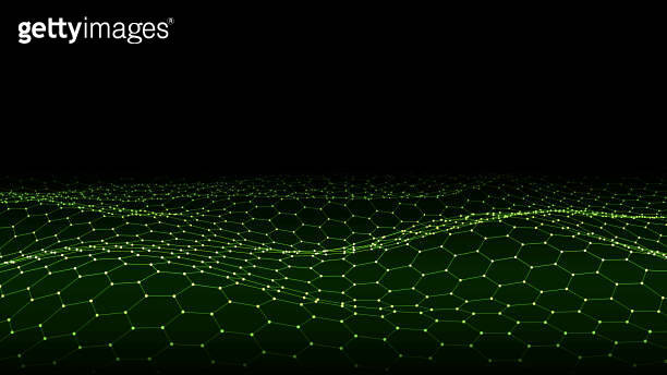Green hexagon wave with motion dots and lines. Abstract digital ...